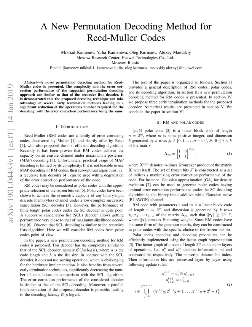 A New Permutation Decoding Method For Reed Muller Codes Deepai