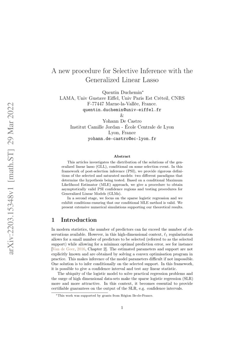 A new procedure for Selective Inference with the Generalized Linear ... A new procedure for Selective Inference with the Generalized Linear ...