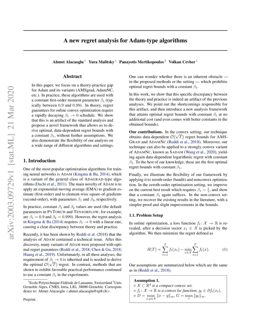 A New Regret Analysis For Adam Type Algorithms Deepai