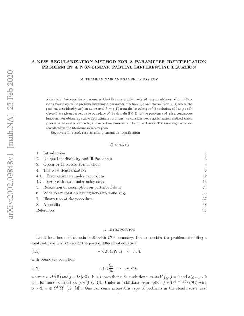 A New Regularization Method For A Parameter Identification Problem In A Non Linear Partial