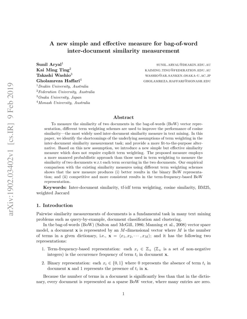 A New Simple And Effective Measure For Bag Of Word Inter Document