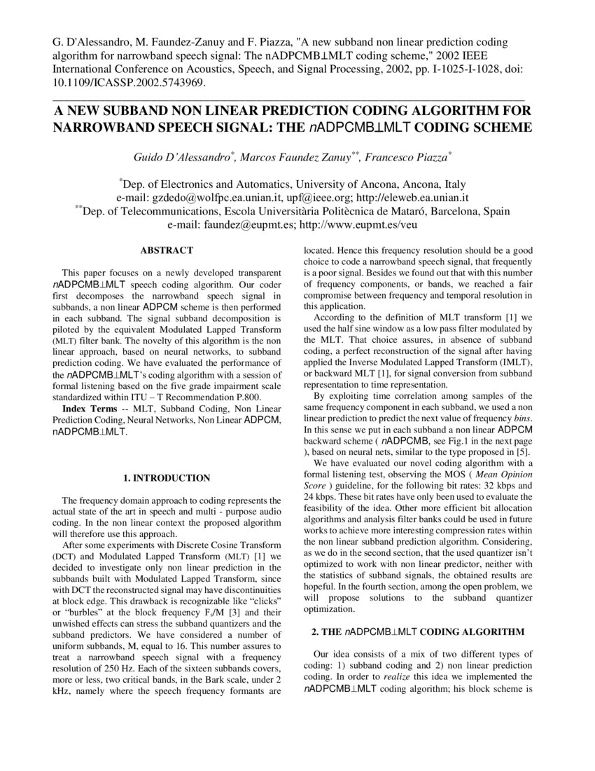 A New Subband Non Linear Prediction Coding Algorithm For Narrowband Speech Signal The Nadpcmb