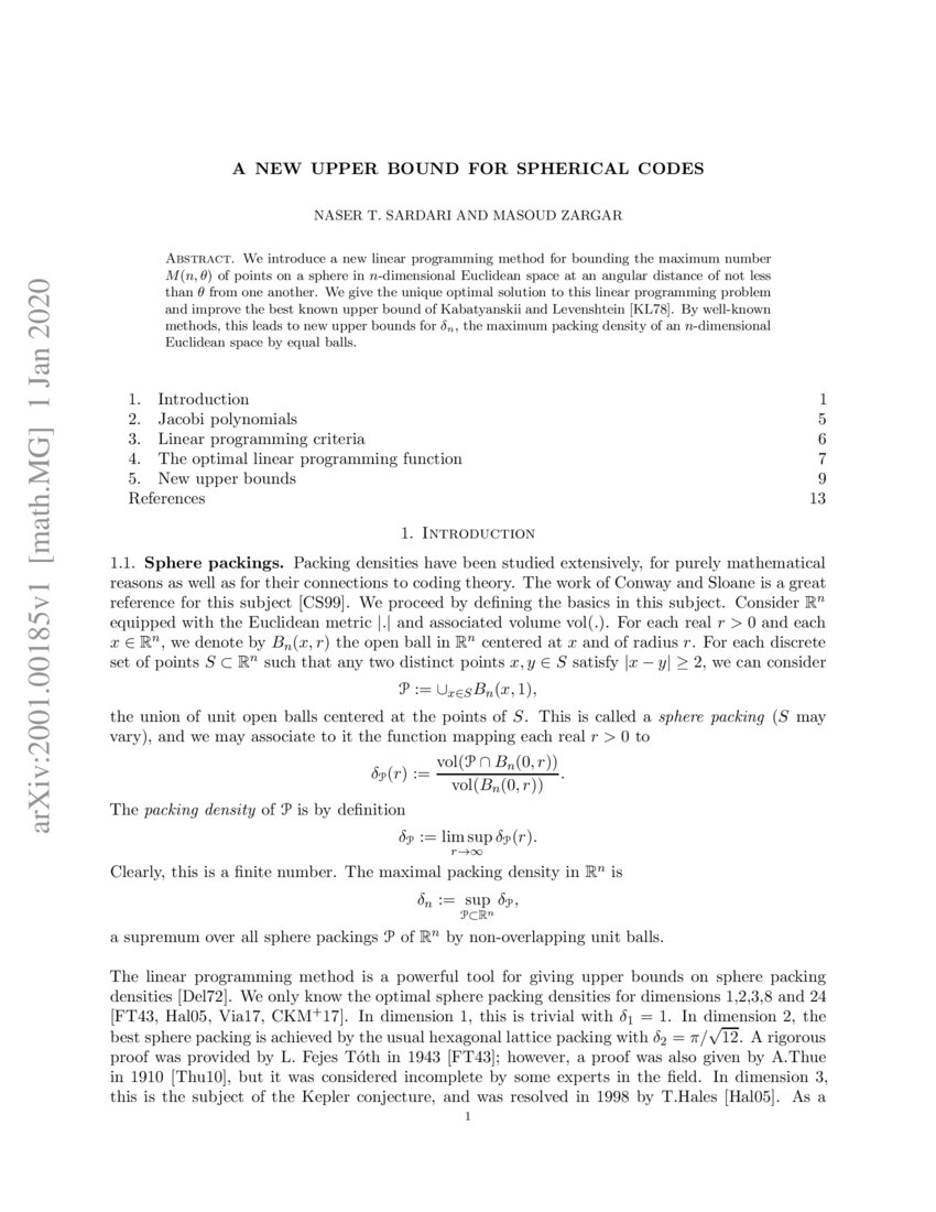 A New Upper Bound For Spherical Codes Deepai
