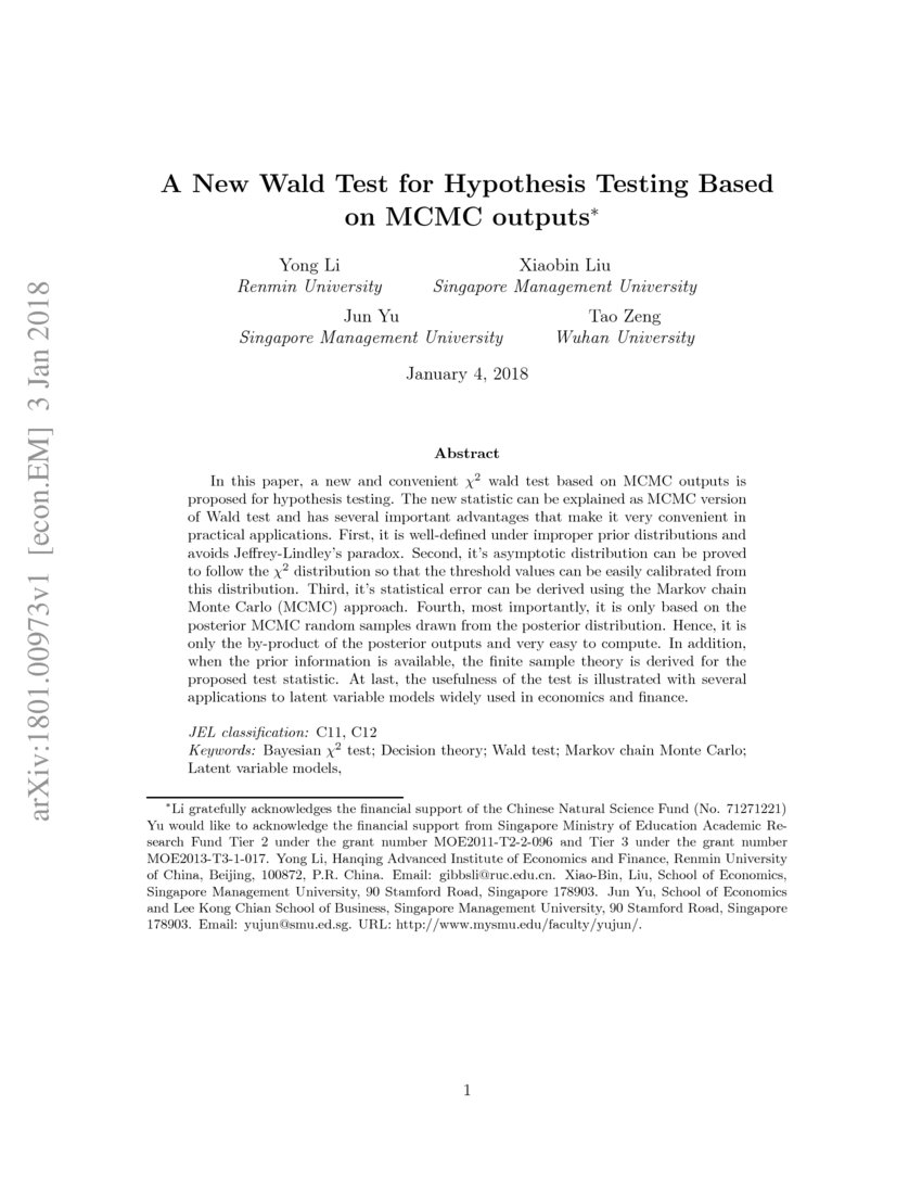 A New Wald Test for Hypothesis Testing Based on MCMC outputs | DeepAI