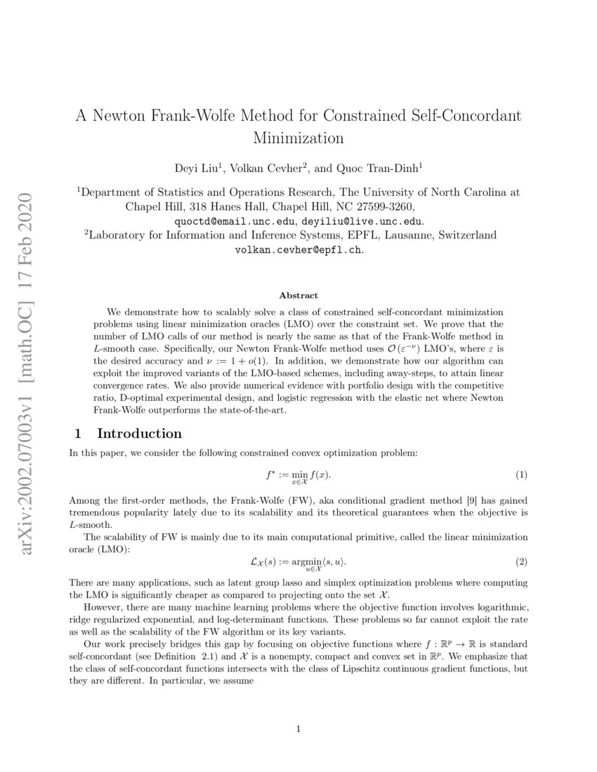 A Newton Frank Wolfe Method For Constrained Self Concordant Minimization Deepai