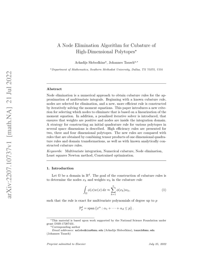 A Node Elimination Algorithm for Cubature of High-Dimensional Polytopes ...