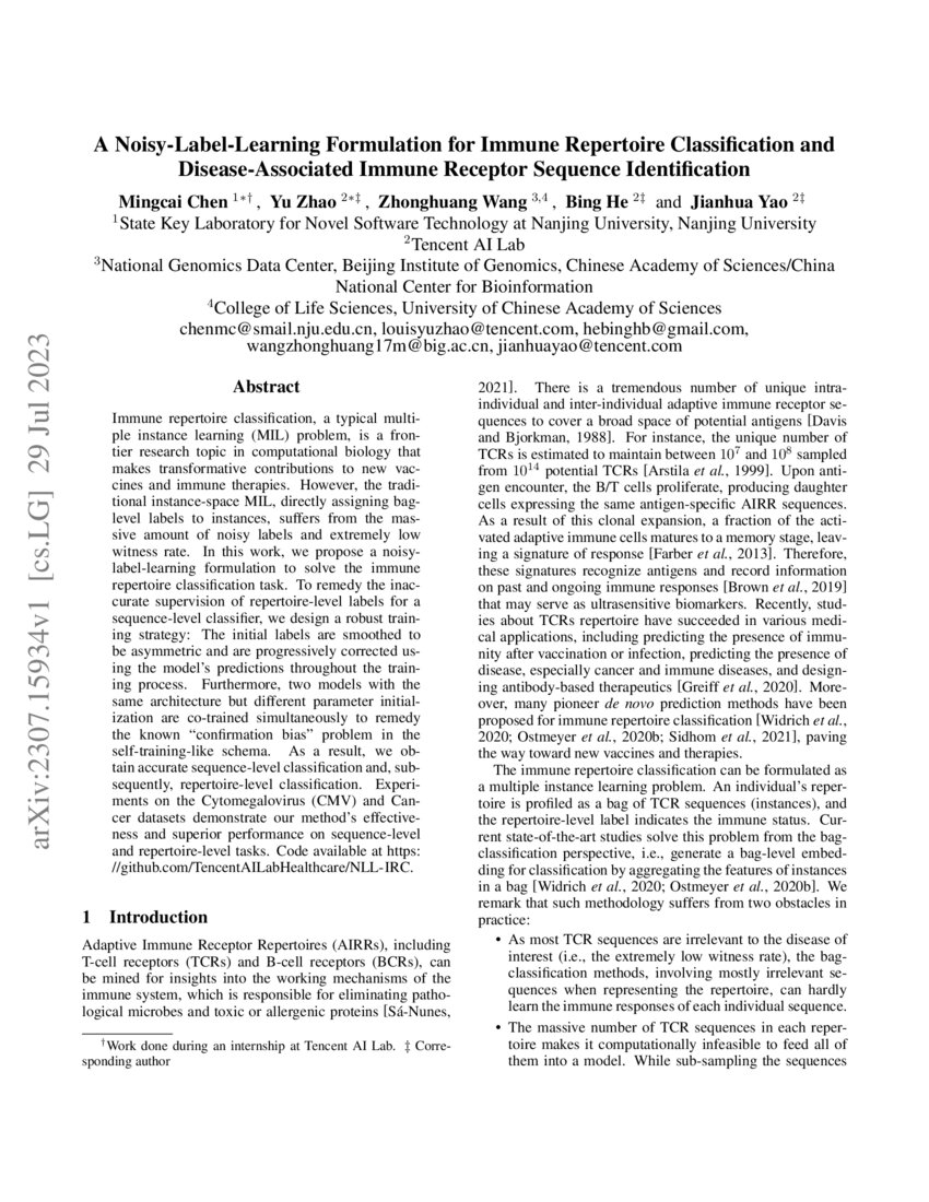 A Noisy-Label-Learning Formulation for Immune Repertoire Classification and Disease-Associated ...