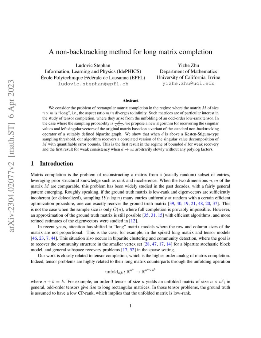 A Non Backtracking Method For Long Matrix Completion Deepai