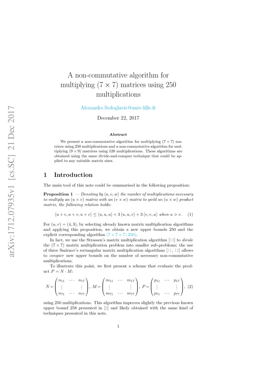 A non-commutative algorithm for multiplying (7 × 7) matrices using 250 ...