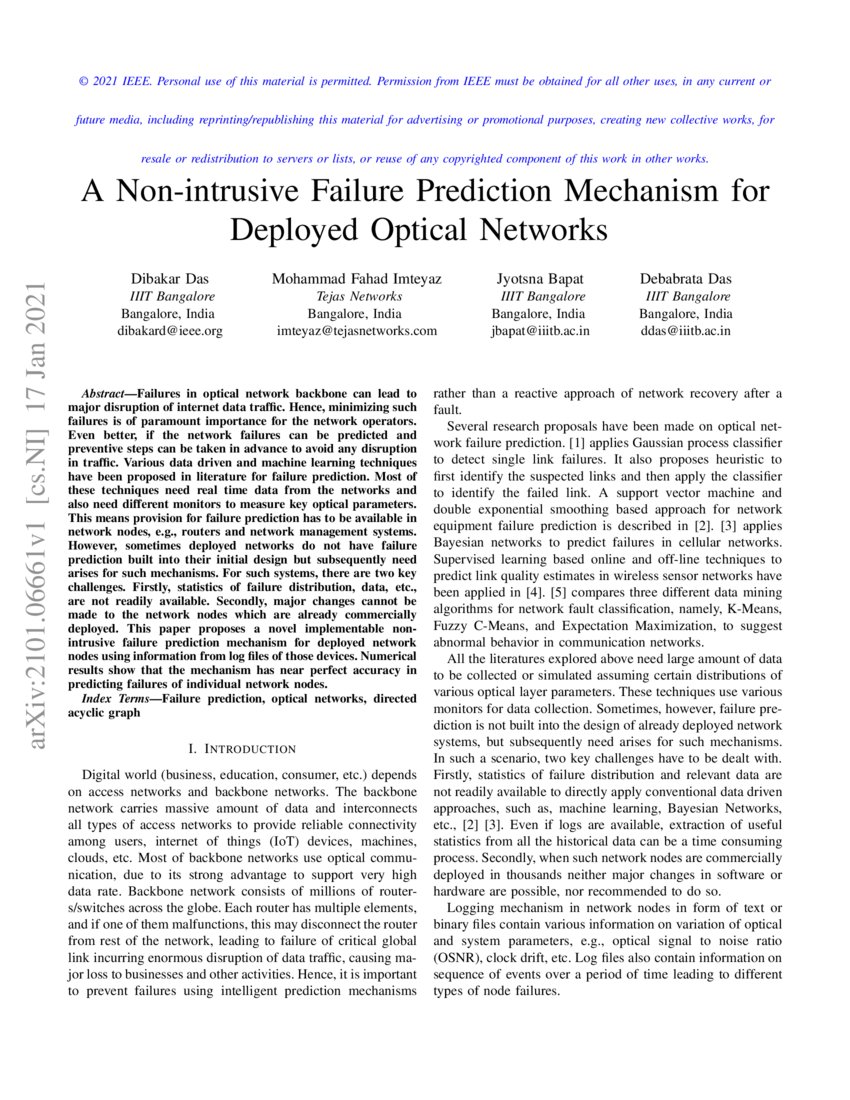 A Non-intrusive Failure Prediction Mechanism for Deployed Optical ...