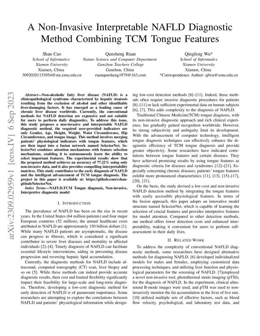 A Non-Invasive Interpretable NAFLD Diagnostic Method Combining TCM Tongue Features | DeepAI