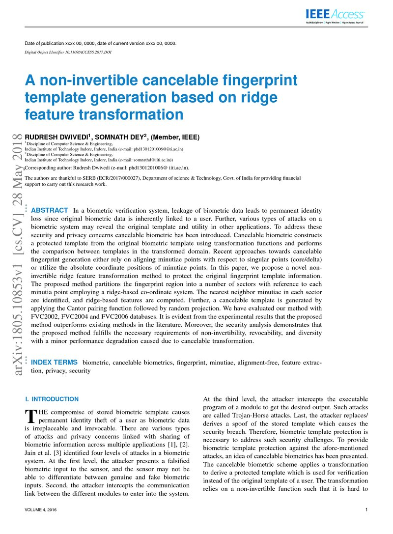 A non-invertible cancelable fingerprint template generation based on ridge feature ...