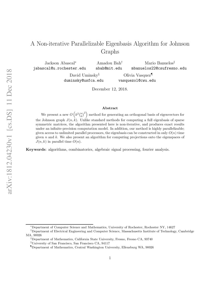 A Non Iterative Parallelizable Eigenbasis Algorithm For Johnson Graphs Deepai