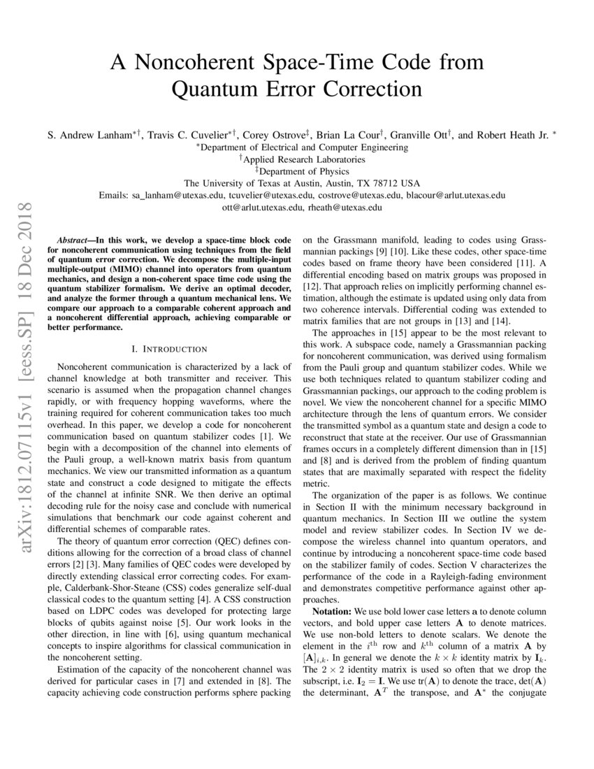 A Noncoherent Space Time Code From Quantum Error Correction Deepai