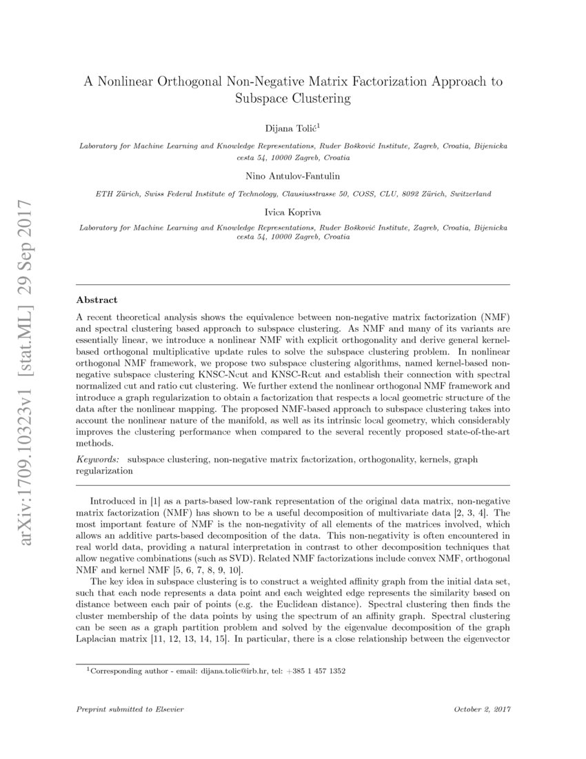A Nonlinear Orthogonal Non Negative Matrix Factorization Approach To Subspace Clustering Deepai