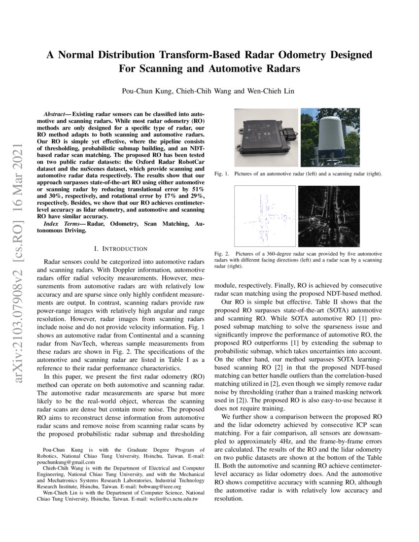 A Normal Distribution Transform Based Radar Odometry Designed For Scanning And Automotive Radars