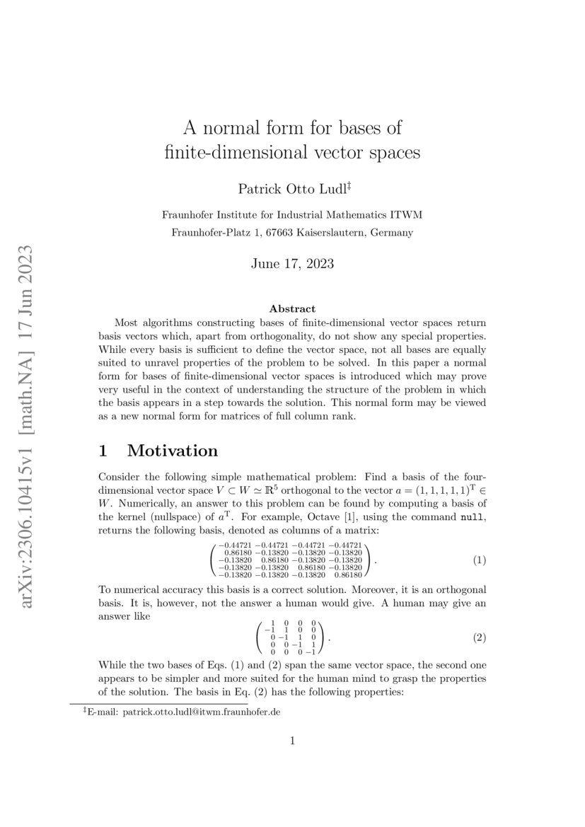 A Normal Form For Bases Of Finite Dimensional Vector Spaces Deepai