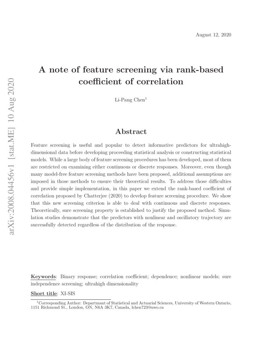 A note of feature screening via rank-based coefficient of correlation ...