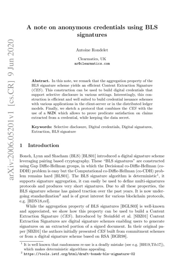 A note on anonymous credentials using BLS signatures | DeepAI