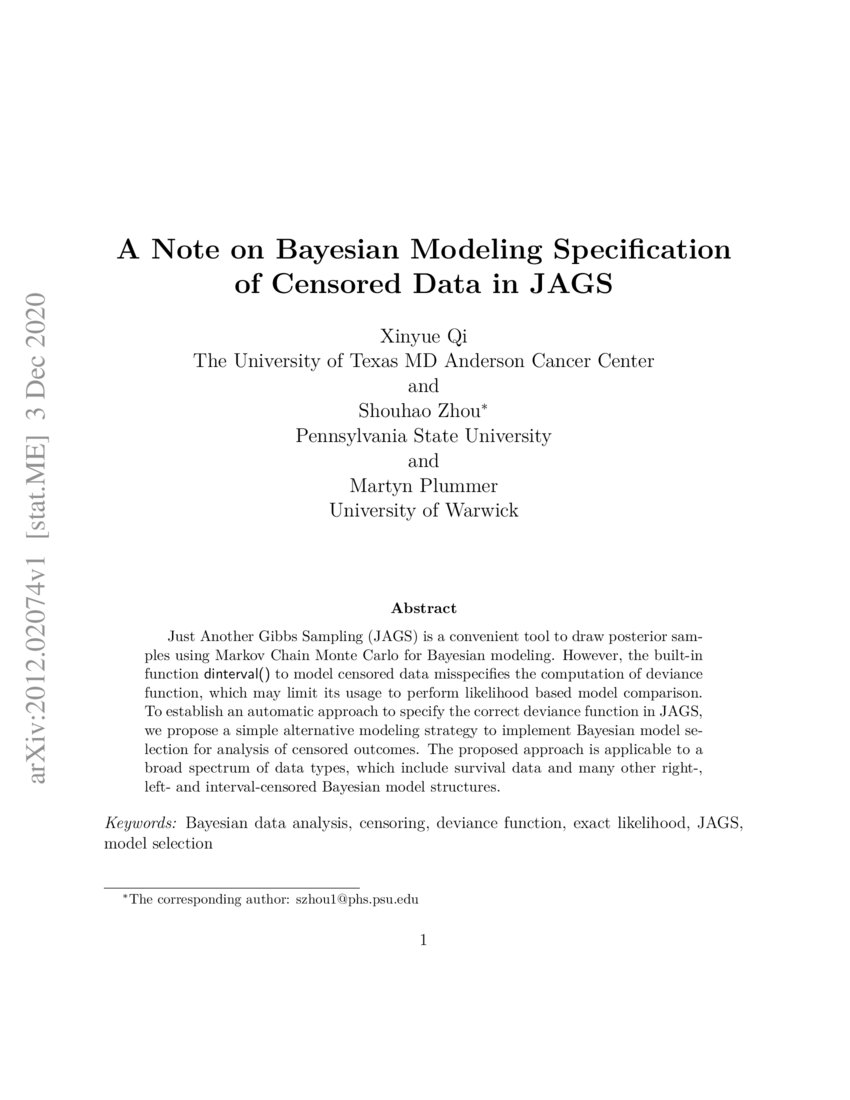 A Note On Bayesian Modeling Specification Of Censored Data In Jags Deepai