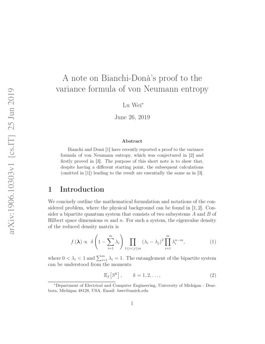 A note on Bianchi-Donà's proof to the variance formula of von Neumann ...