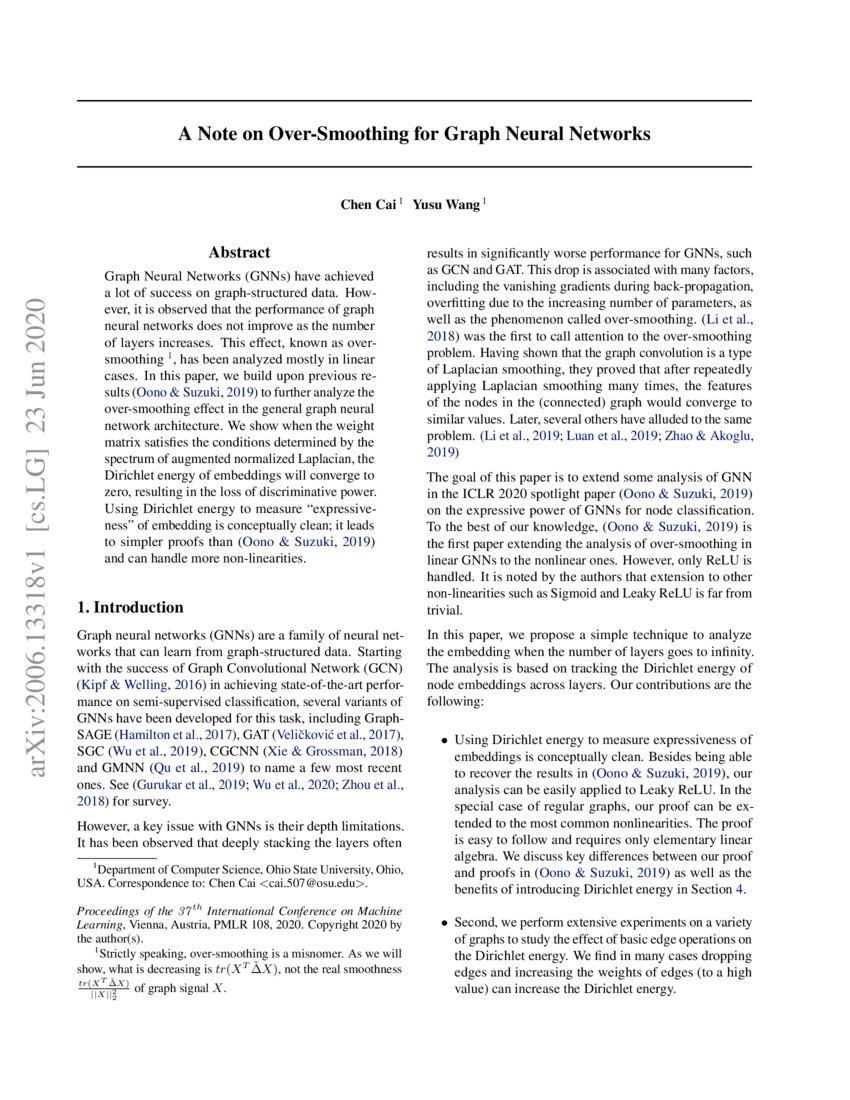 A Note On Over Smoothing For Graph Neural Networks Deepai