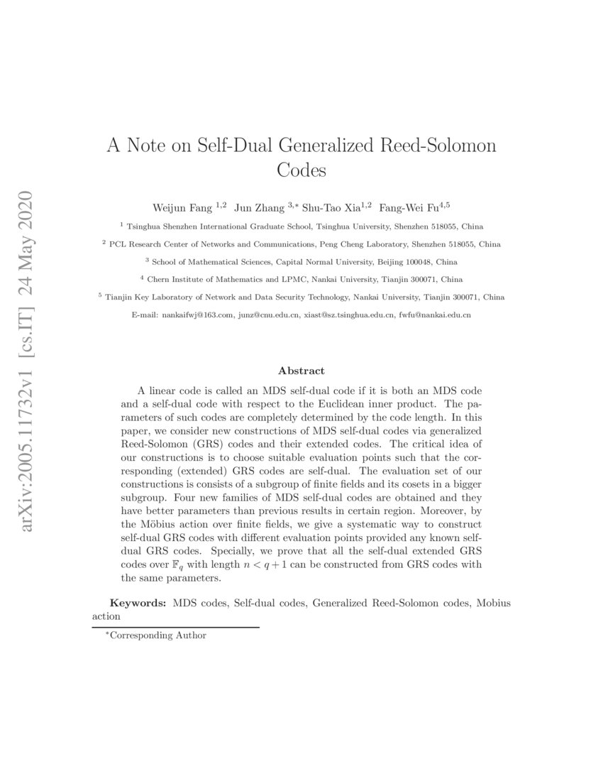 A Note on Self-Dual Generalized Reed-Solomon Codes | DeepAI