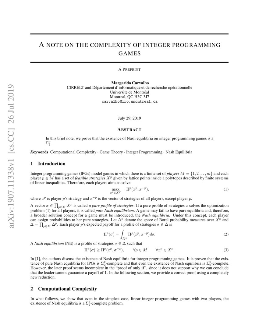 A Note On The Complexity Of Integer Programming Games Deepai