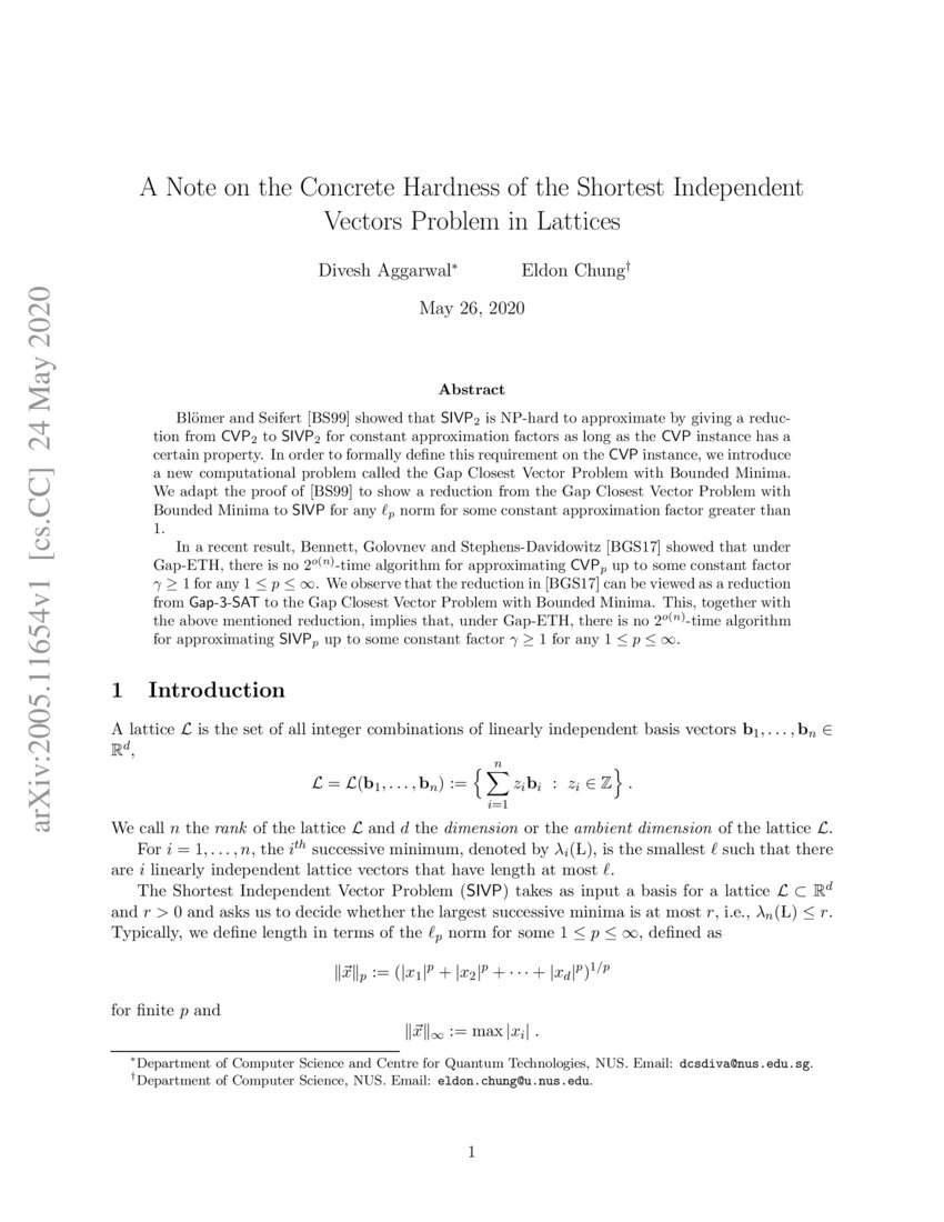 A Note on the Concrete Hardness of the Shortest Independent Vectors ...