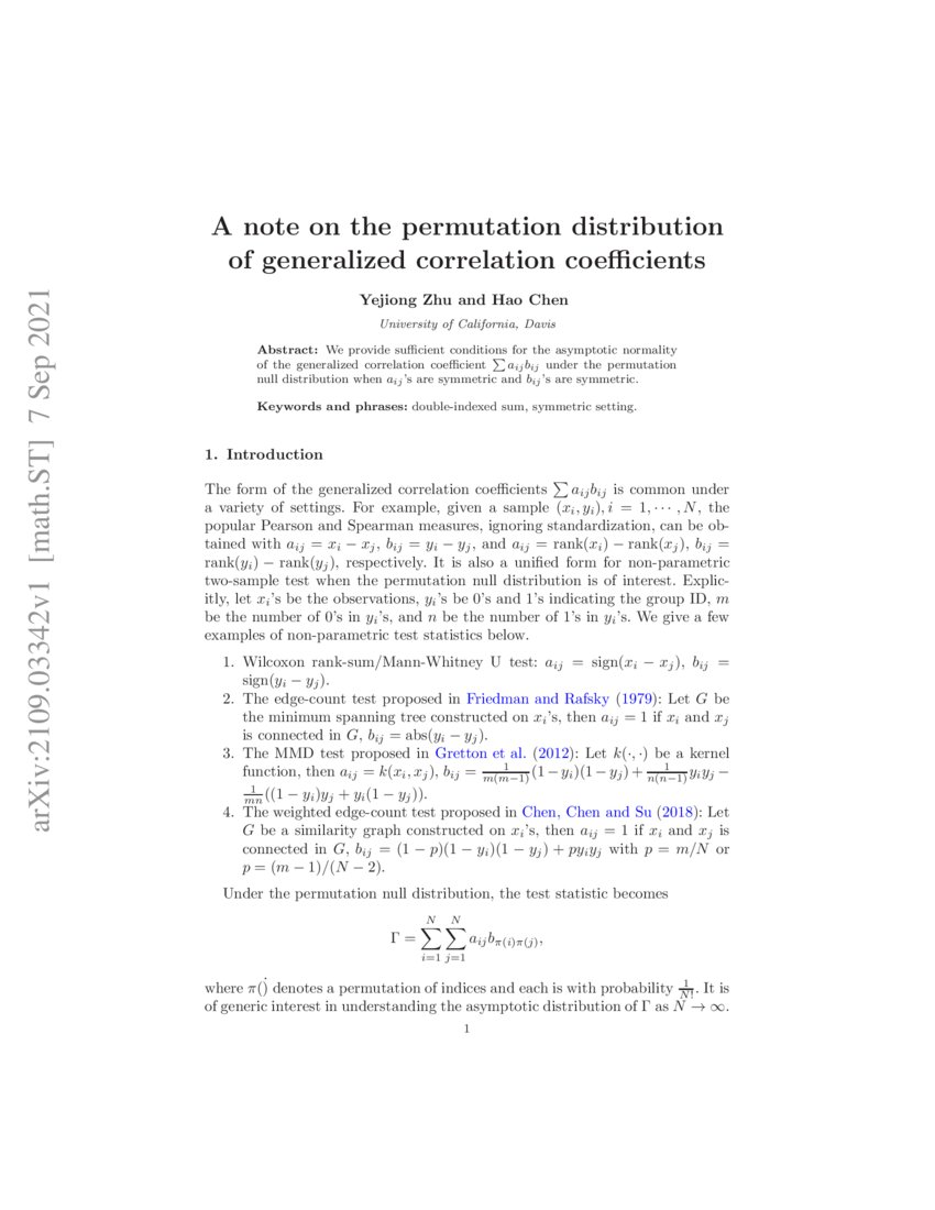 A note on the permutation distribution of generalized correlation ...