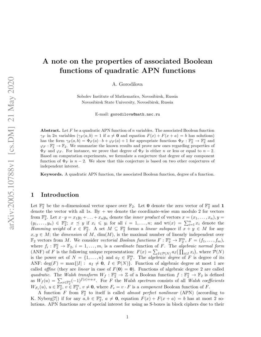 A Note On The Properties Of Associated Boolean Functions Of Quadratic