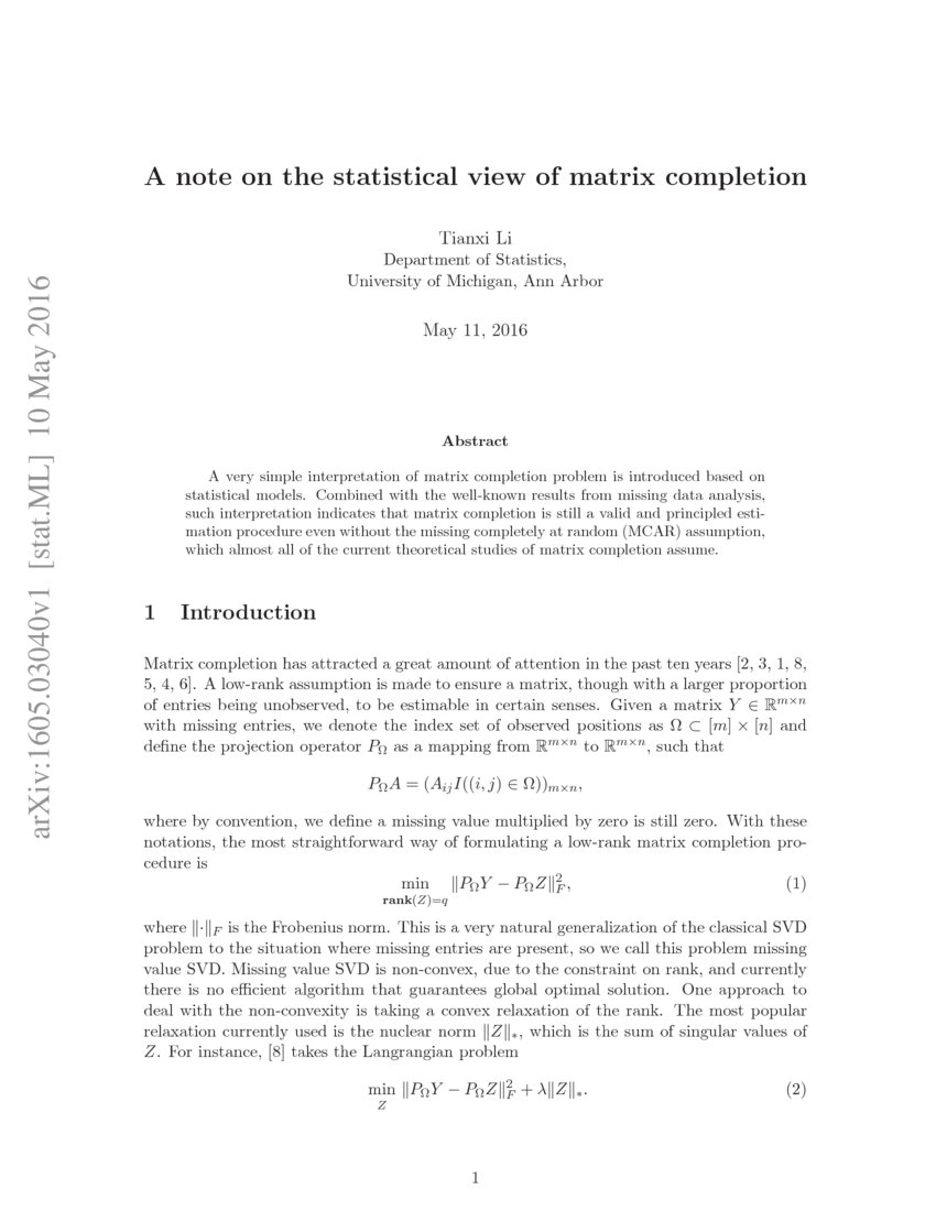A note on the statistical view of matrix completion | DeepAI