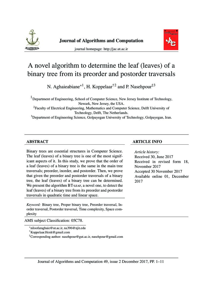A novel algorithm to determine the leaf (leaves) of a binary tree from ...