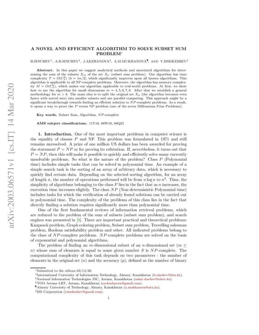 A Novel And Efficient Algorithm To Solve Subset Sum Problem Deepai