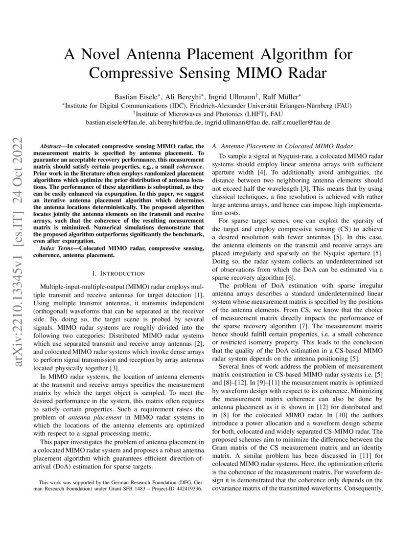A Novel Antenna Placement Algorithm for Compressive Sensing MIMO Radar | DeepAI