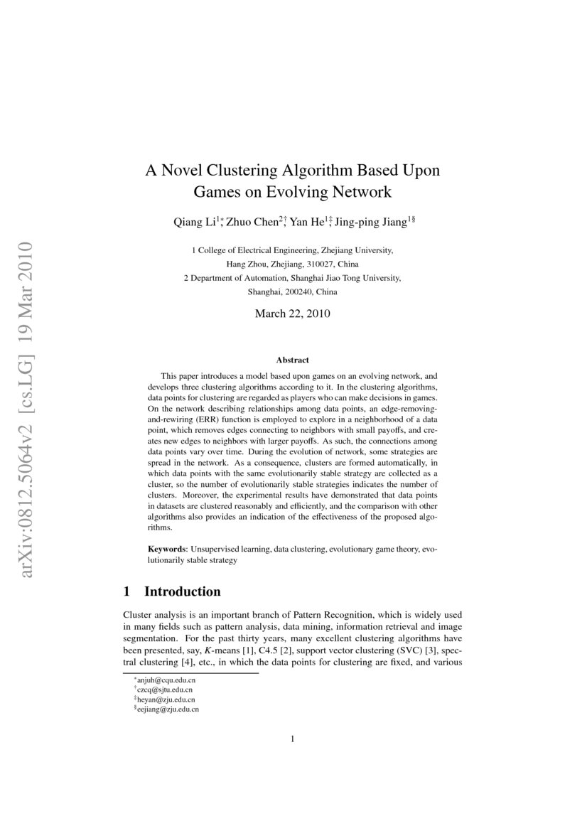A Novel Clustering Algorithm Based Upon Games On Evolving Network Deepai