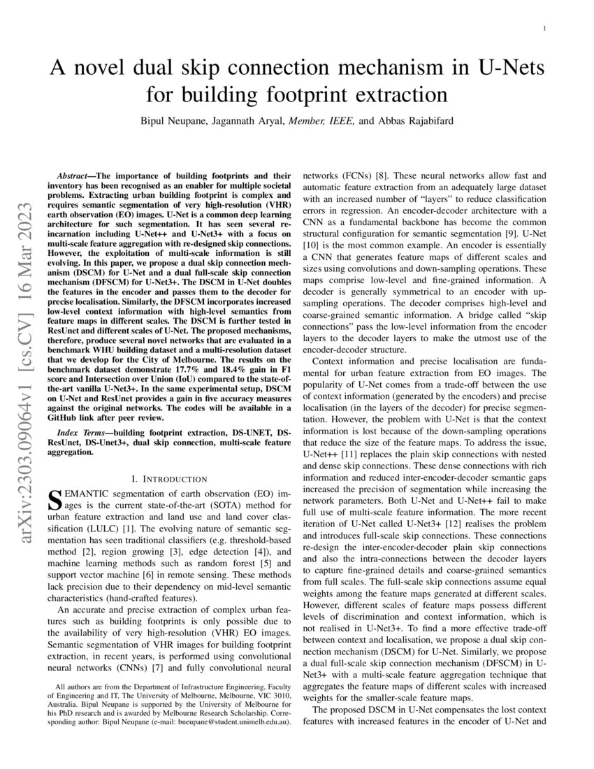 A novel dual skip connection mechanism in U-Nets for building footprint extraction | DeepAI