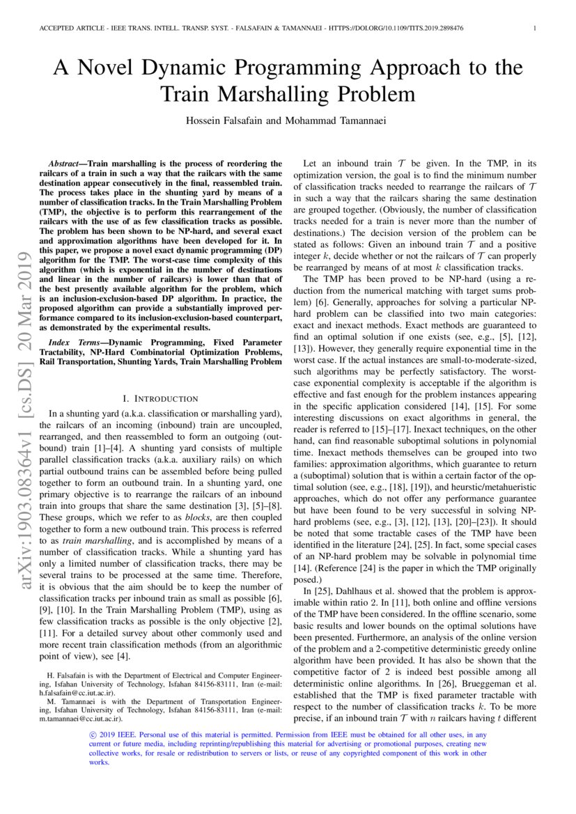 A Novel Dynamic Programming Approach To The Train Marshalling Problem Deepai