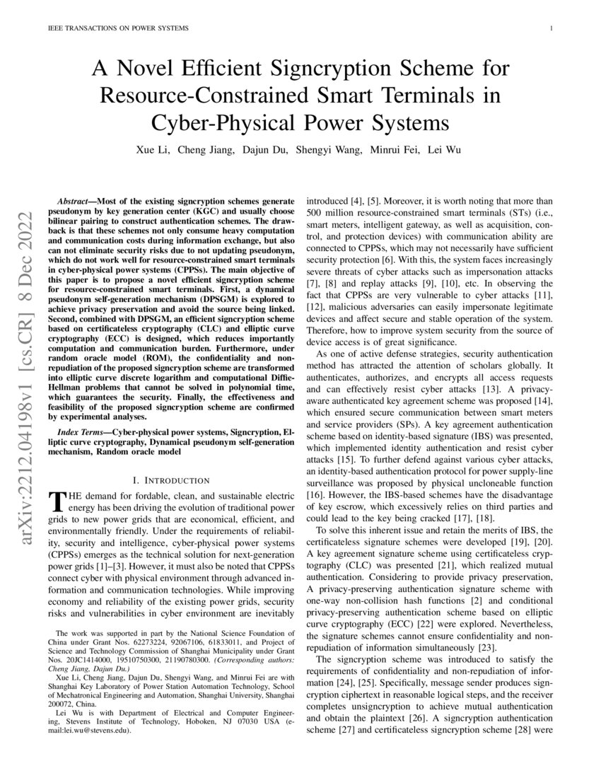 A Novel Efficient Signcryption Scheme for Resource-Constrained Smart Terminals in Cyber-Physical ...