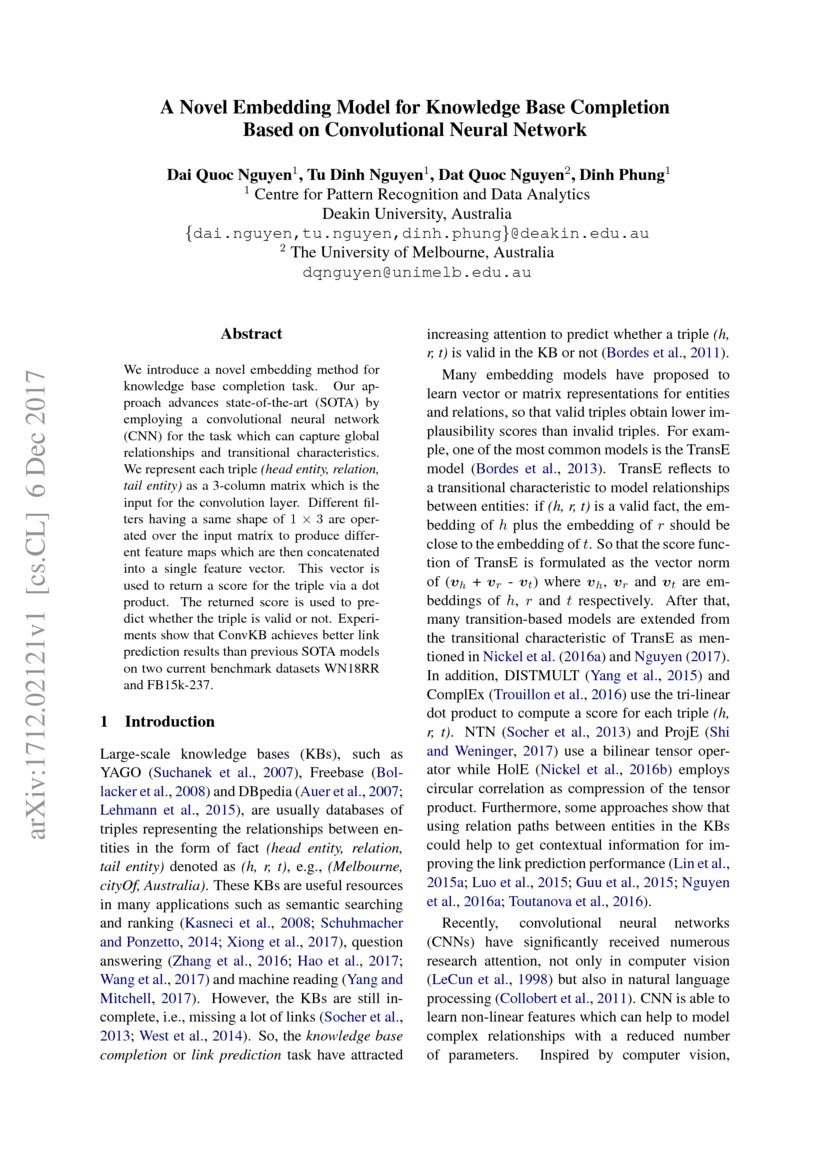 A Novel Embedding Model for Knowledge Base Completion Based on Convolutional Neural Network | DeepAI