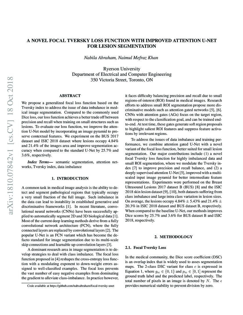 A Novel Focal Tversky Loss Function With Improved Attention U Net For Lesion Segmentation Deepai
