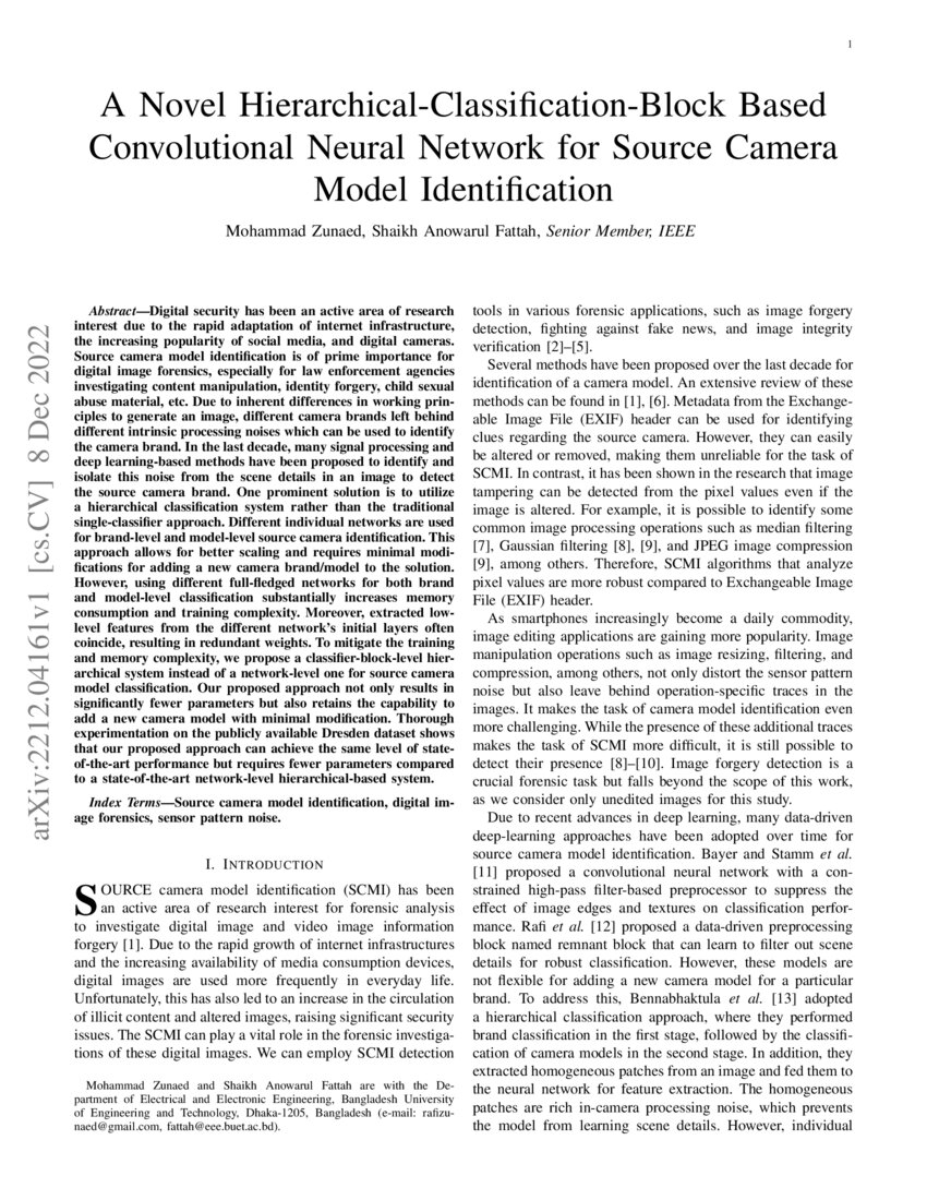 A Novel Hierarchical Classification Block Based Convolutional Neural Network For Source Camera 