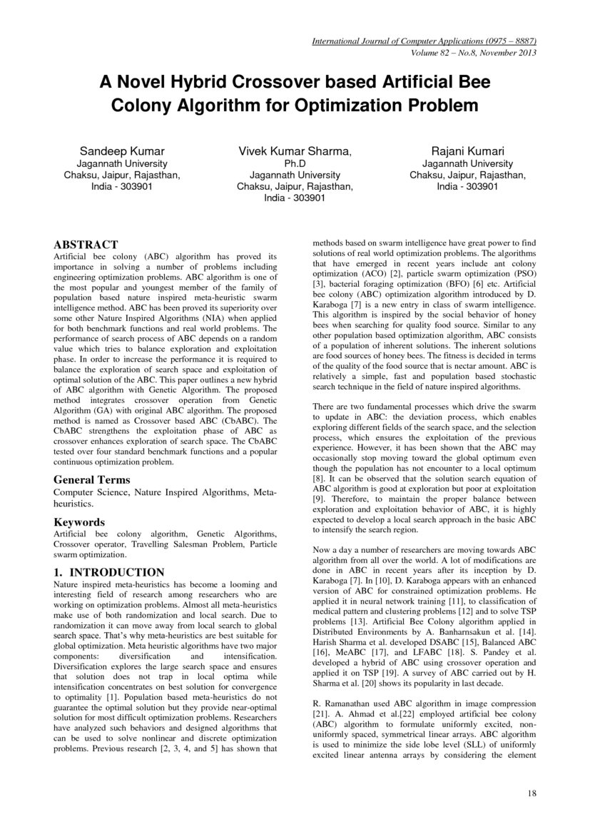 A Novel Hybrid Crossover Based Artificial Bee Colony Algorithm For Optimization Problem Deepai