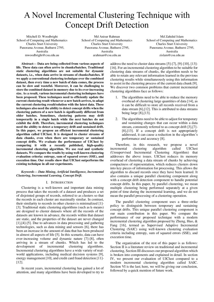 A Novel Incremental Clustering Technique with Concept Drift Detection | DeepAI