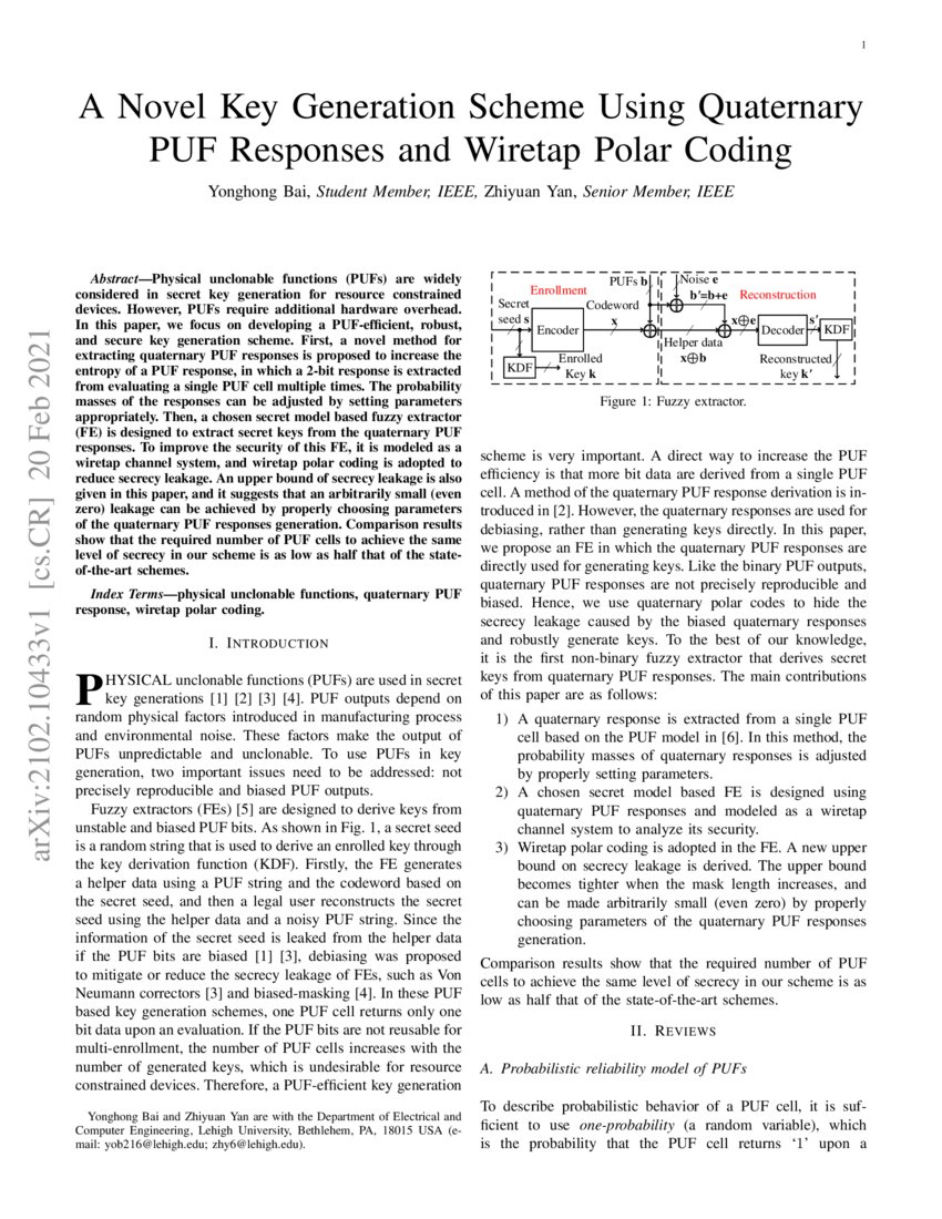 A Novel Key Generation Scheme Using Quaternary Puf Responses And Wiretap Polar Coding Deepai