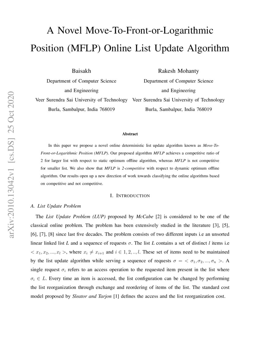 A Novel Move-To-Front-or-Logarithmic Position (MFLP) Online List Update ...