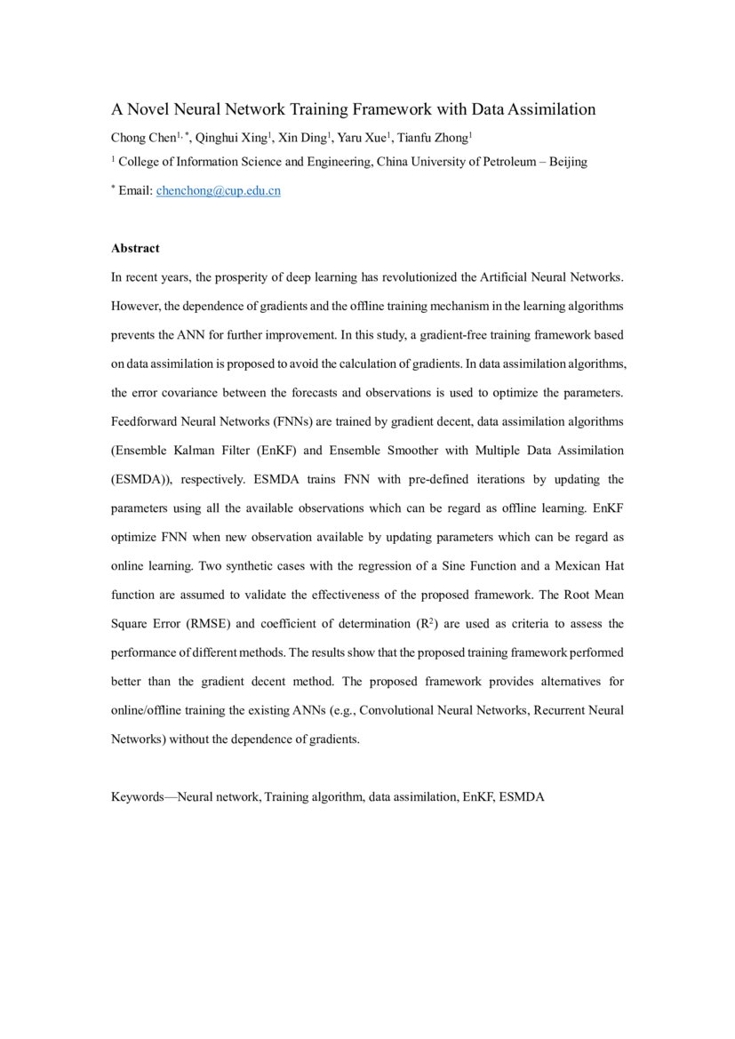 A Novel Neural Network Training Framework with Data Assimilation | DeepAI