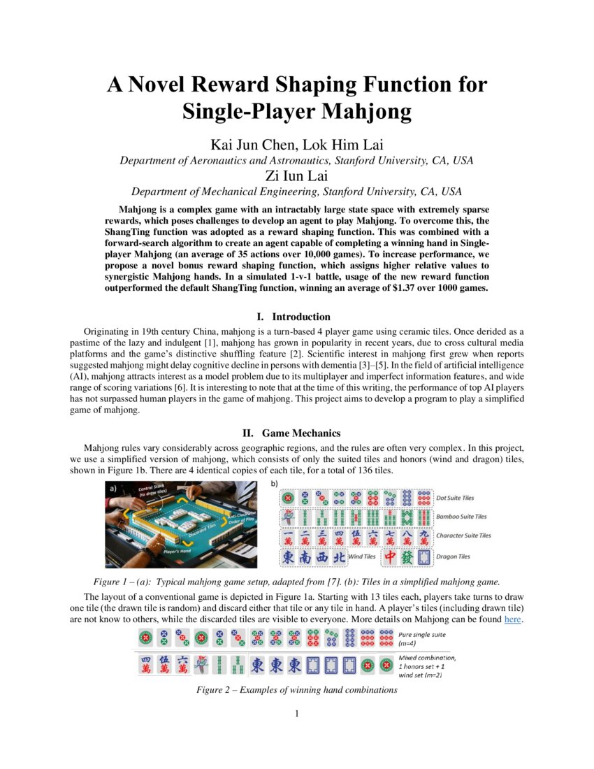 A Novel Reward Shaping Function for Single-Player Mahjong | DeepAI