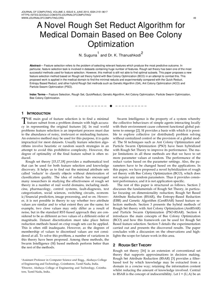 A Novel Rough Set Reduct Algorithm For Medical Domain Based On Bee Colony Optimization Deepai