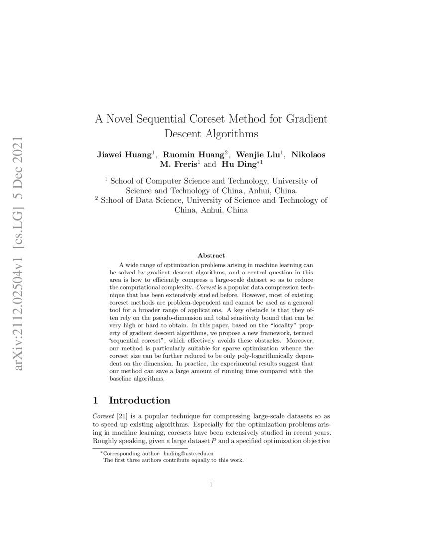 A Novel Sequential Coreset Method For Gradient Descent Algorithms Deepai 